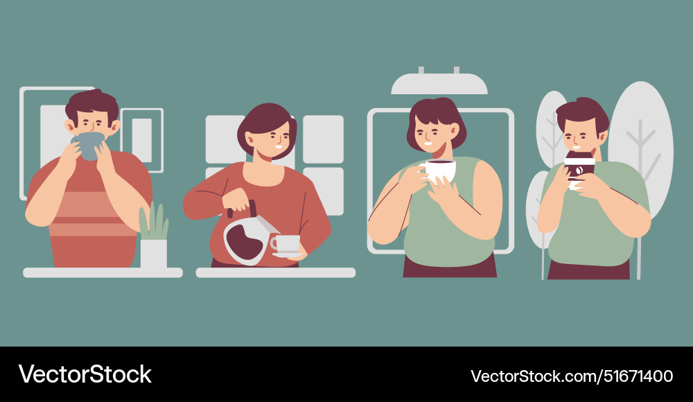 Happy drinking beverage cartoon character set Vector Image