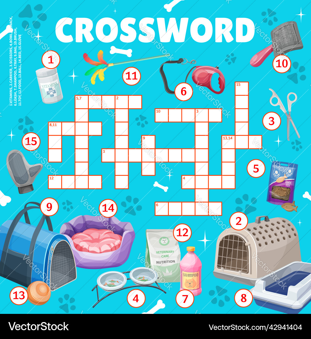 Cat and kitten pet care crossword grid worksheet Vector Image