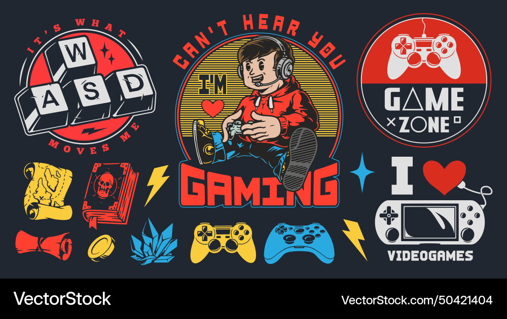 Gaming zone colorful set stickers Royalty Free Vector Image