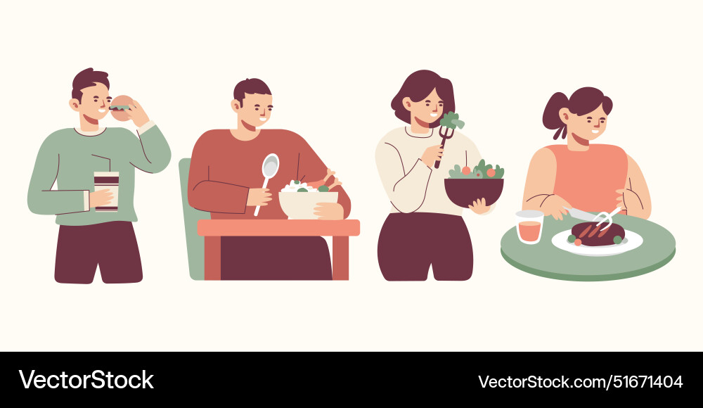 Happy eating cartoon character set Royalty Free Vector Image