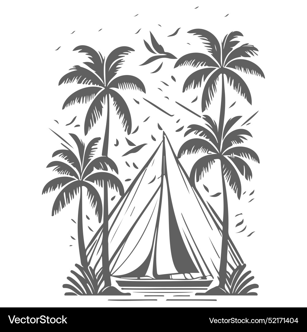 Sail and palm tree sketch grey Royalty Free Vector Image