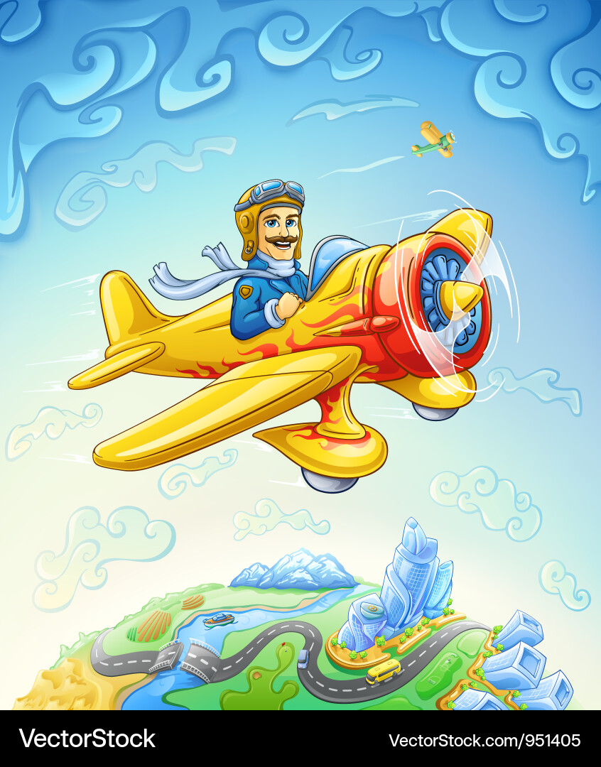 Cartoon plane with pilot flying over the earth Vector Image