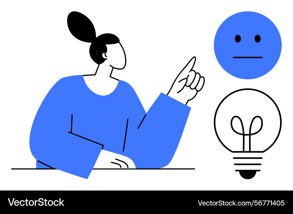 Woman pointing at emotionless face and lightbulb Vector Image