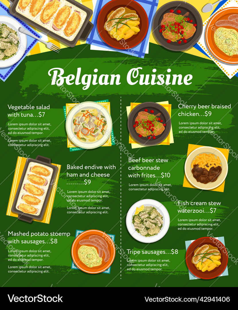 Belgian cuisine restaurant menu page design Vector Image