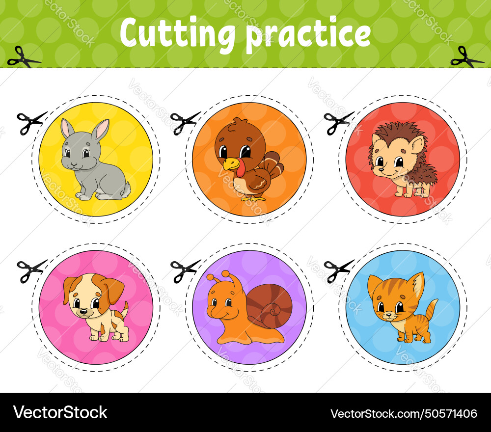Cutting practice educational activity worksheet Vector Image