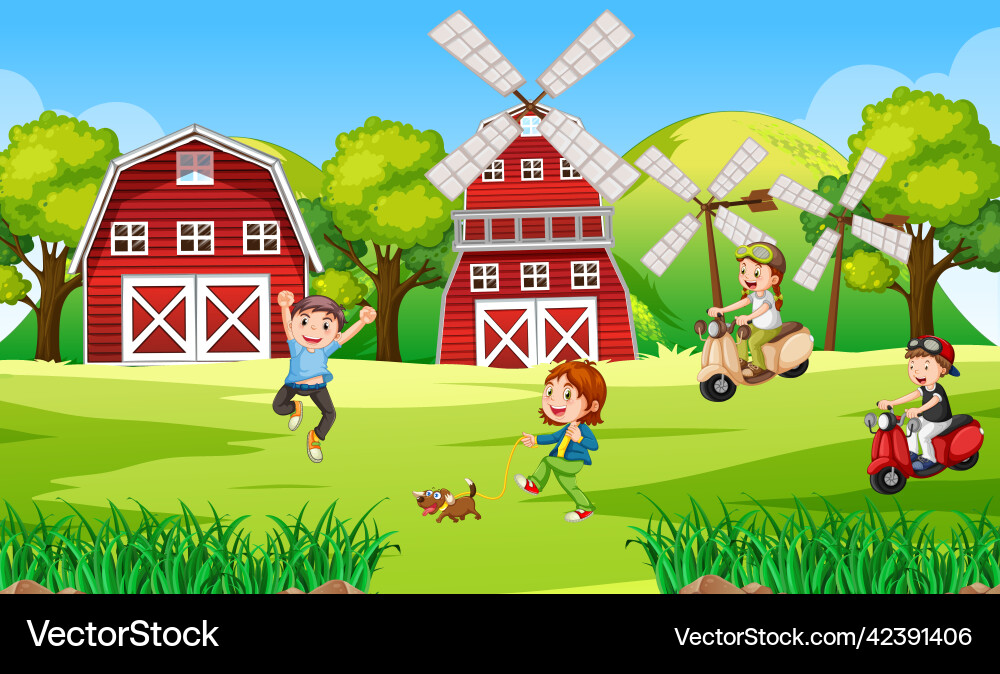 Happy kids in farm landscape Royalty Free Vector Image