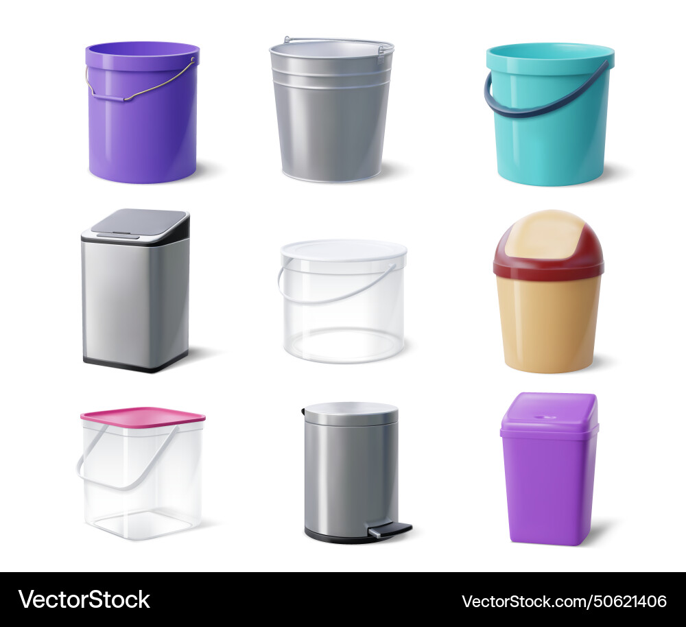 Realistic buckets plastic containers metal bins Vector Image