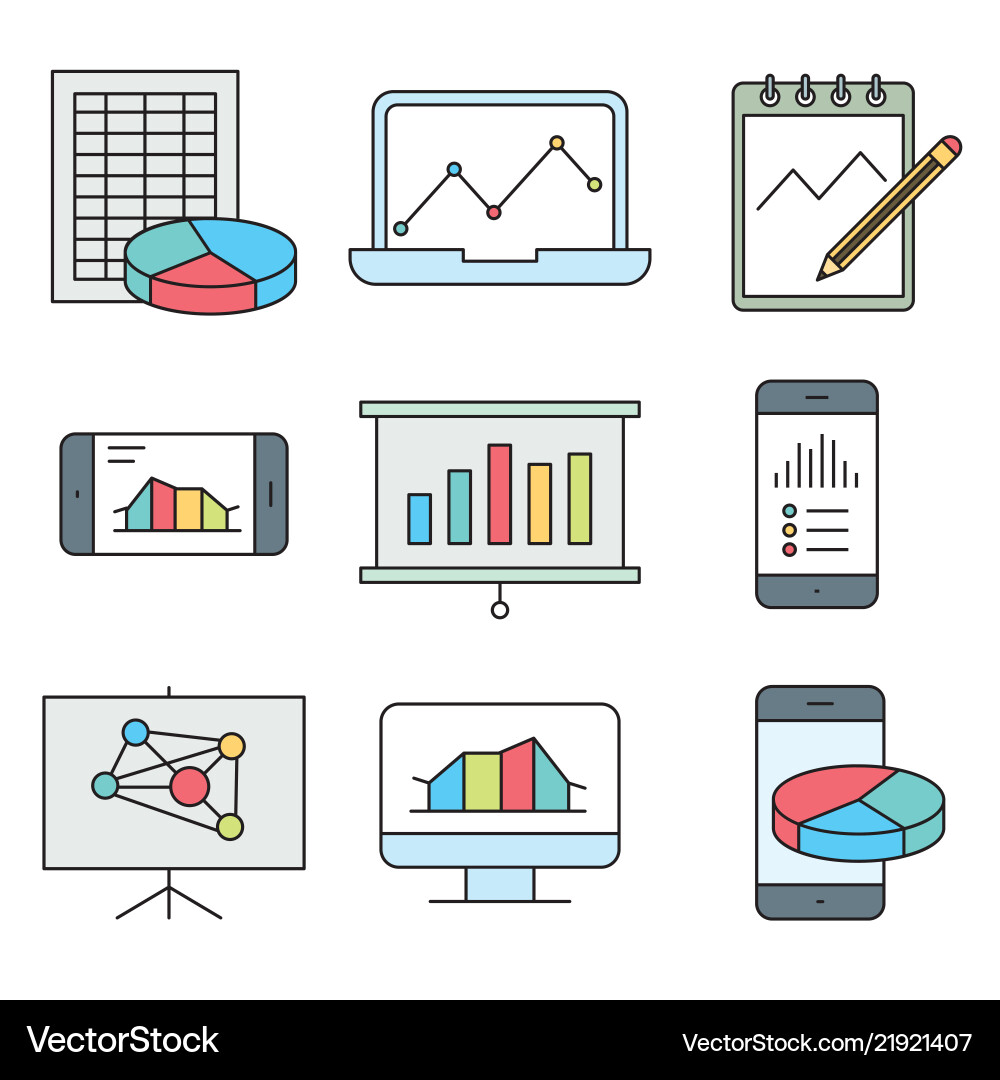 Analysis statistics line icons chart Royalty Free Vector