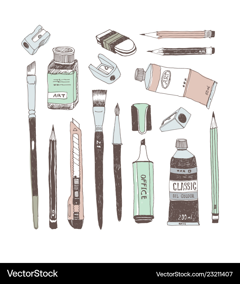 Hand drawn art tools and supplies set Royalty Free Vector