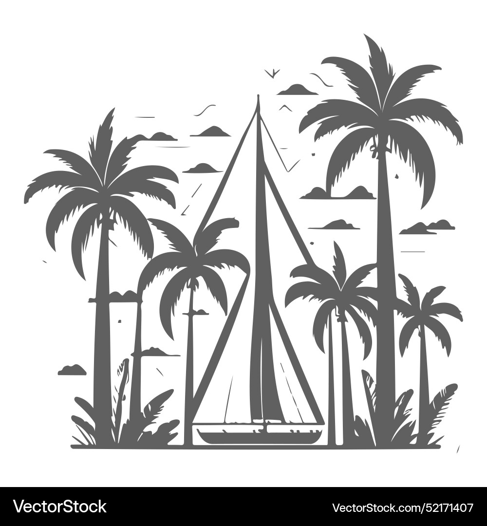 Sail and palm tree sketch grey Royalty Free Vector Image