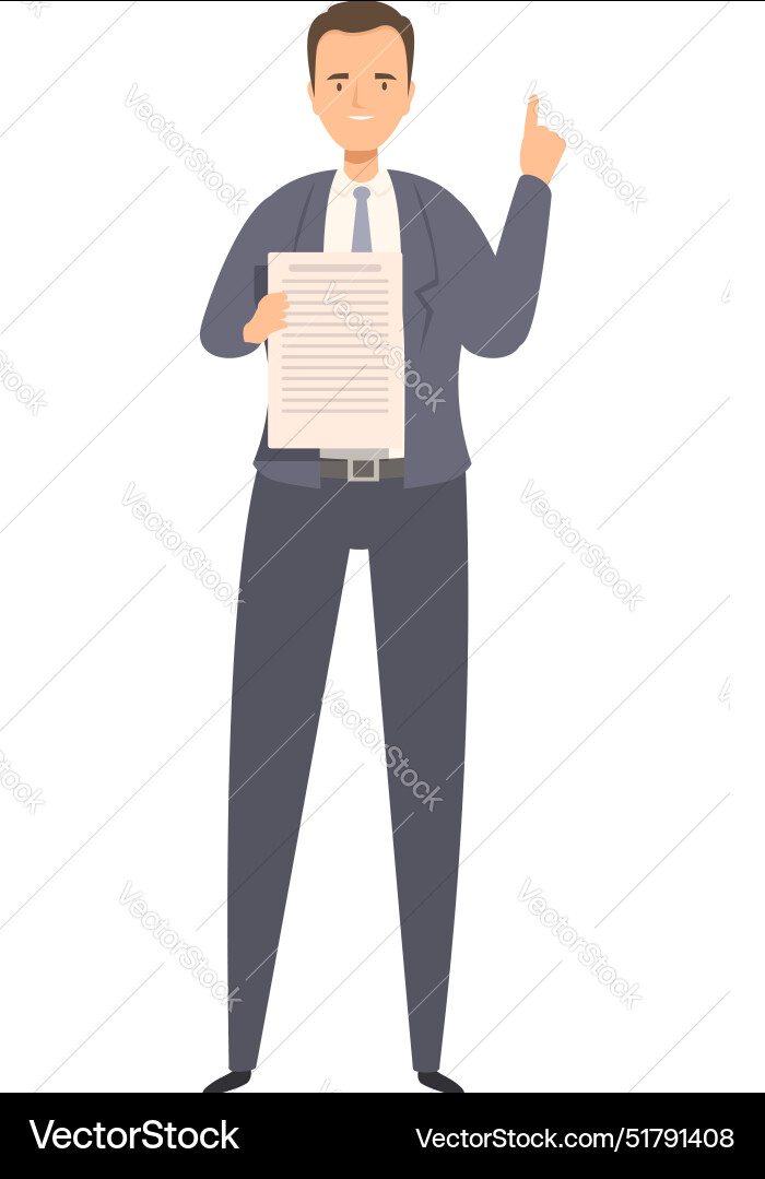 Businessman holding document and pointing up Vector Image