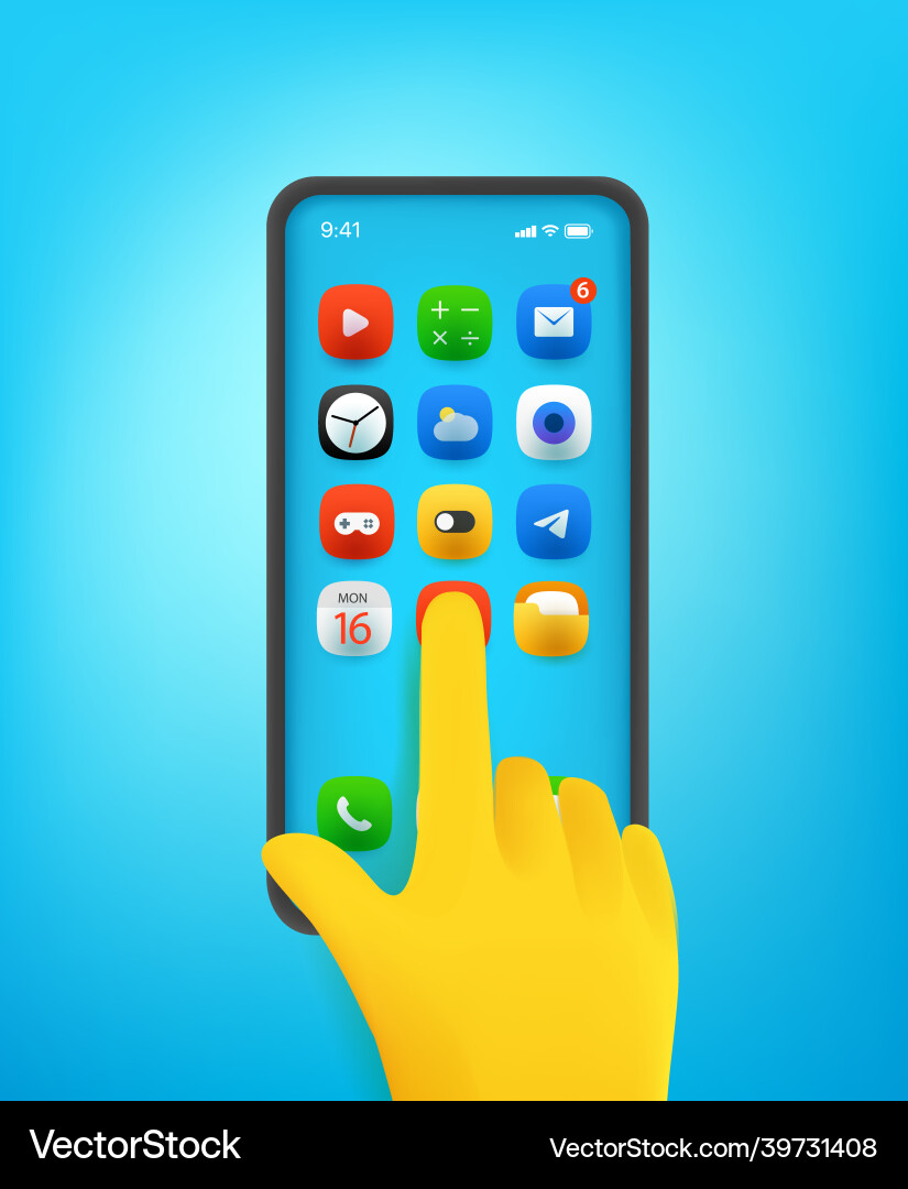 Finger pressing button on modern smartphone comic Vector Image