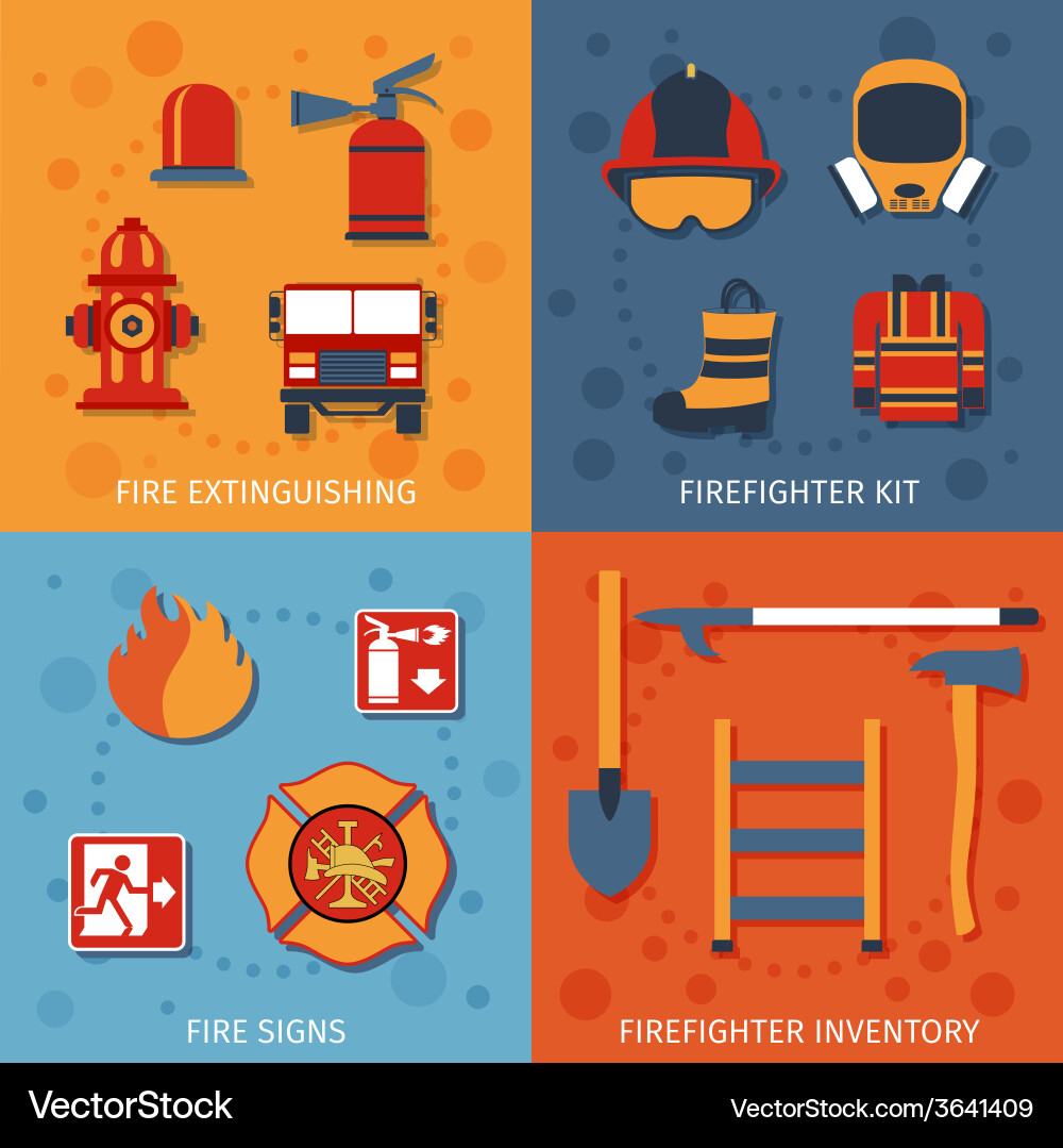Firefighter flat set Royalty Free Vector Image