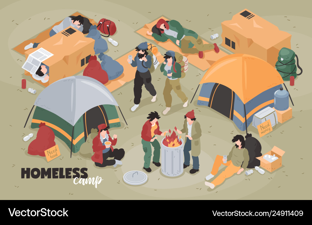 Homeless Camp Isometric Composition Royalty Free Vector
