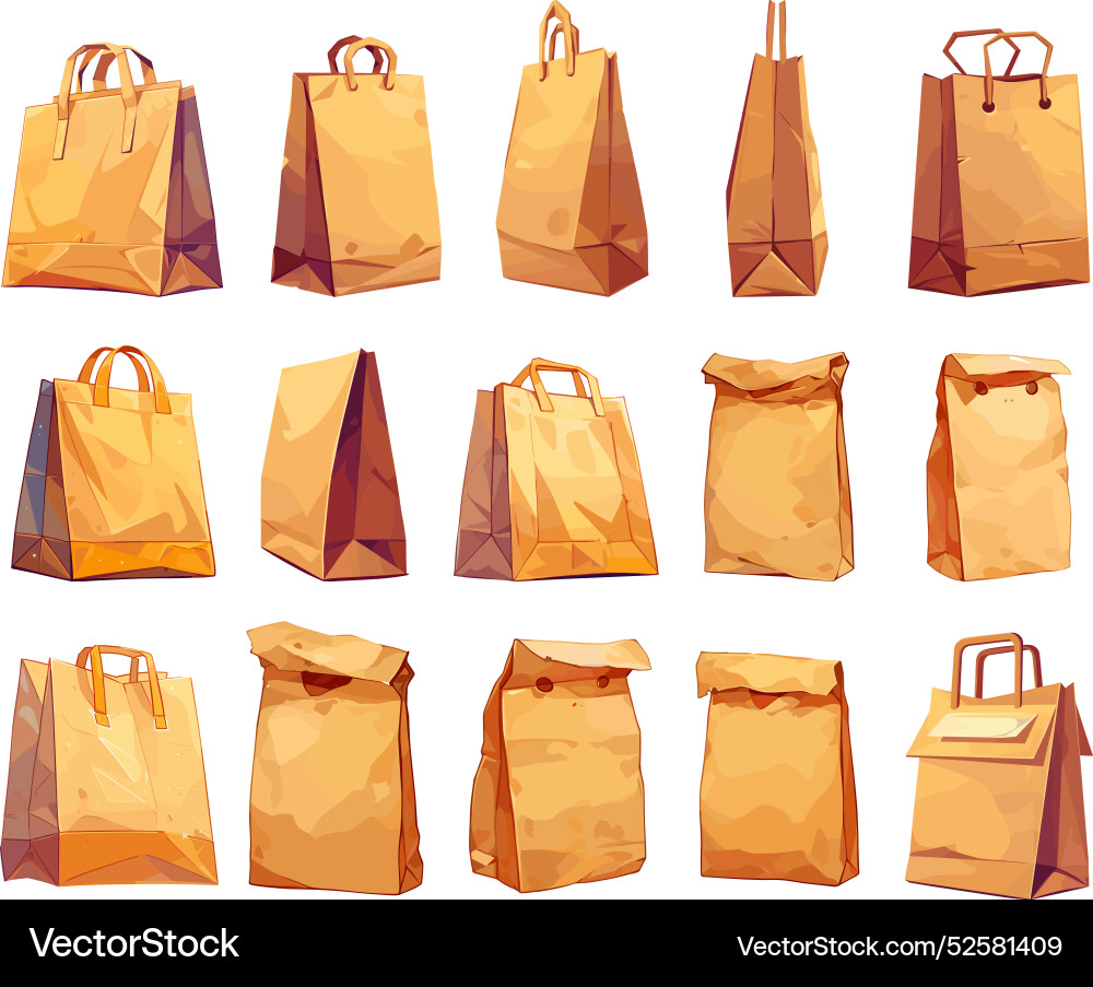 Paper bag set cartoon packaging kraft Royalty Free Vector