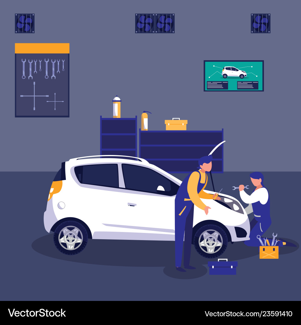 Car in maintenance workshop with mechanics team – Royalty-Free Vector ...