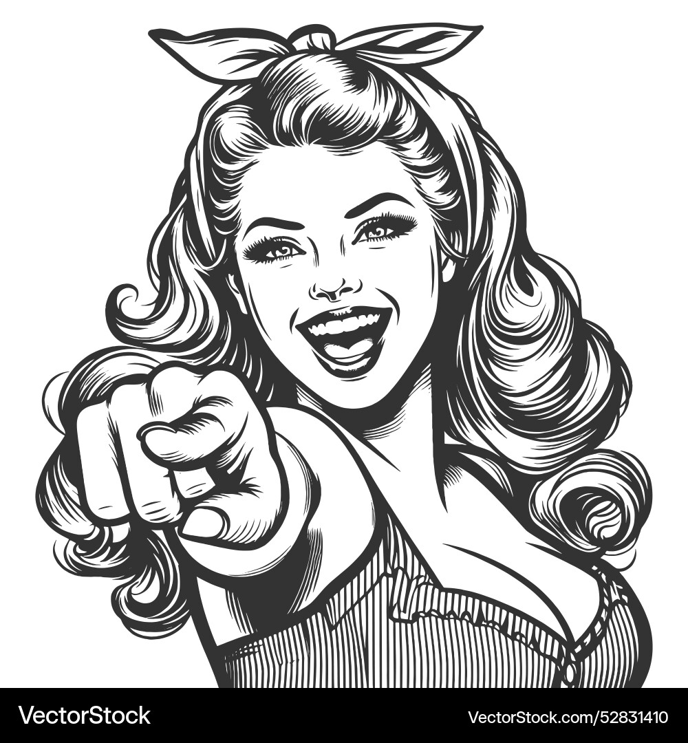 Smiling retro woman pointing forward Royalty Free Vector