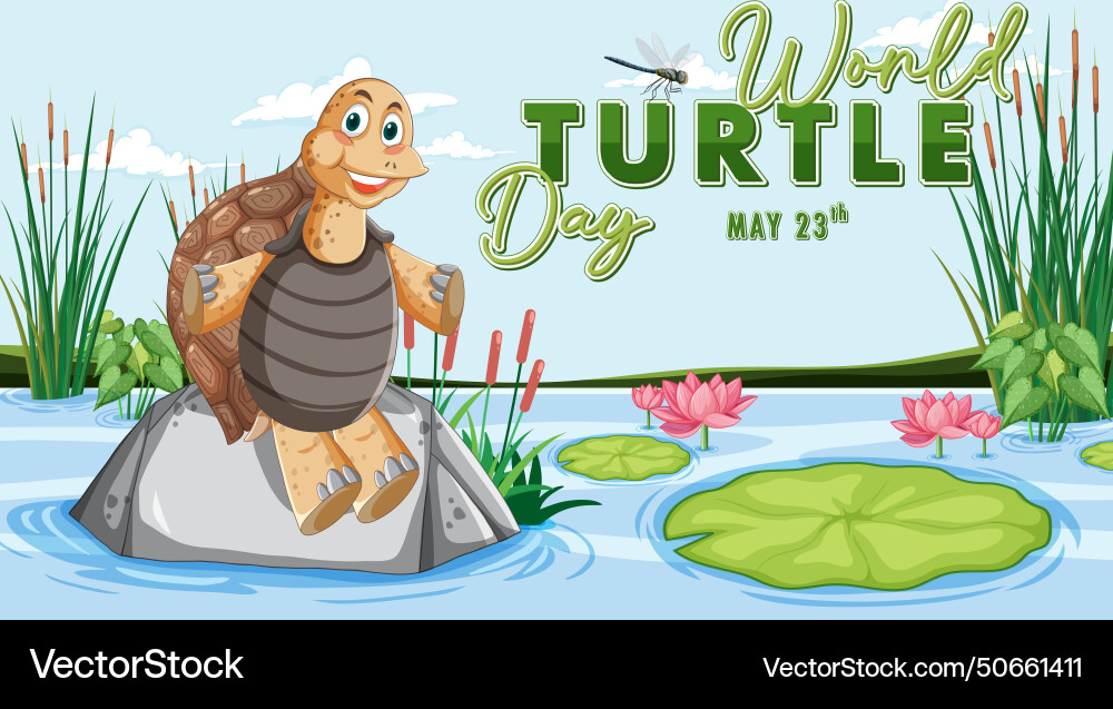 Cheerful turtle on a rock celebrating world Vector Image