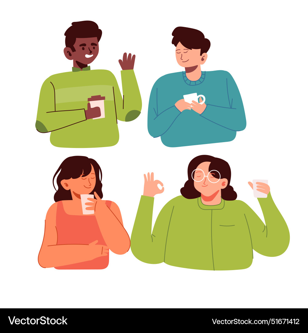 Happy drinking cartoon character set Royalty Free Vector