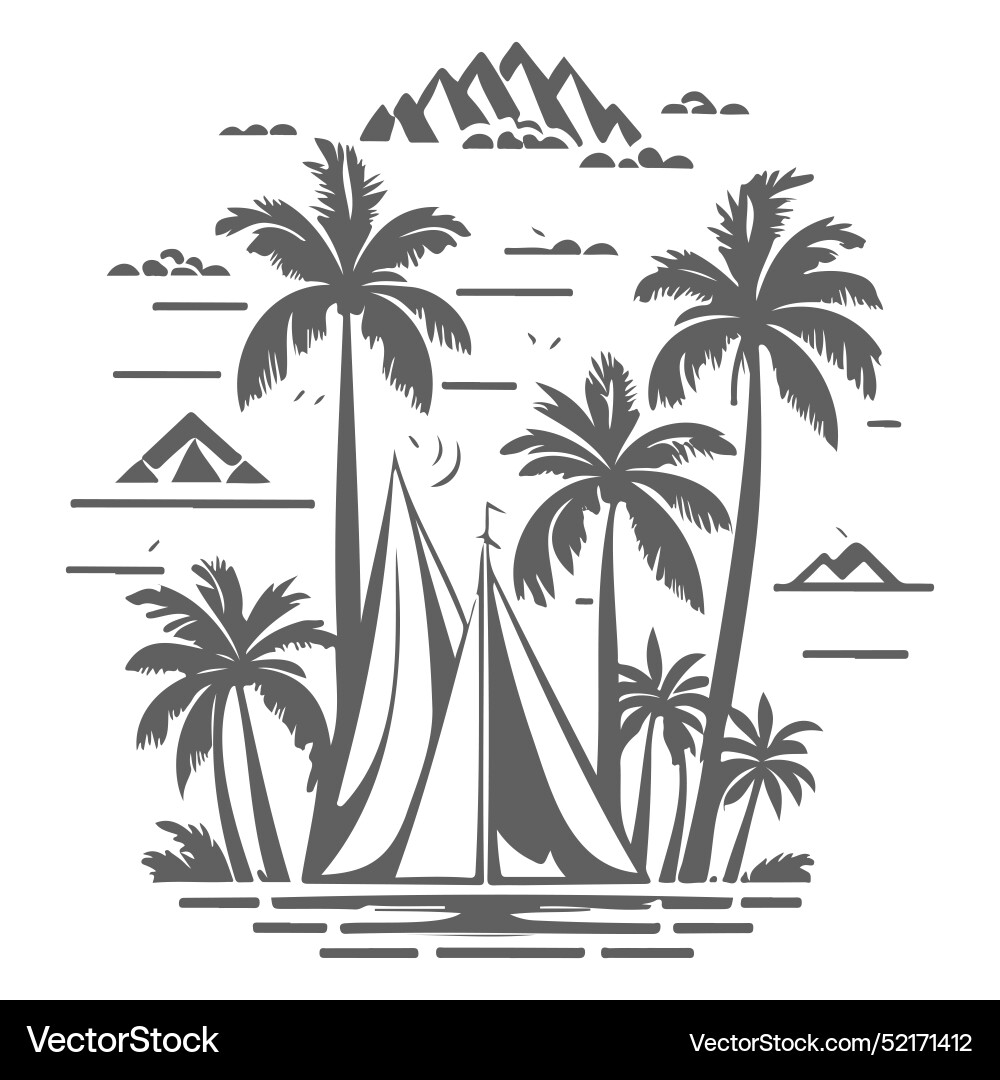 Sail and palm tree sketch grey Royalty Free Vector Image