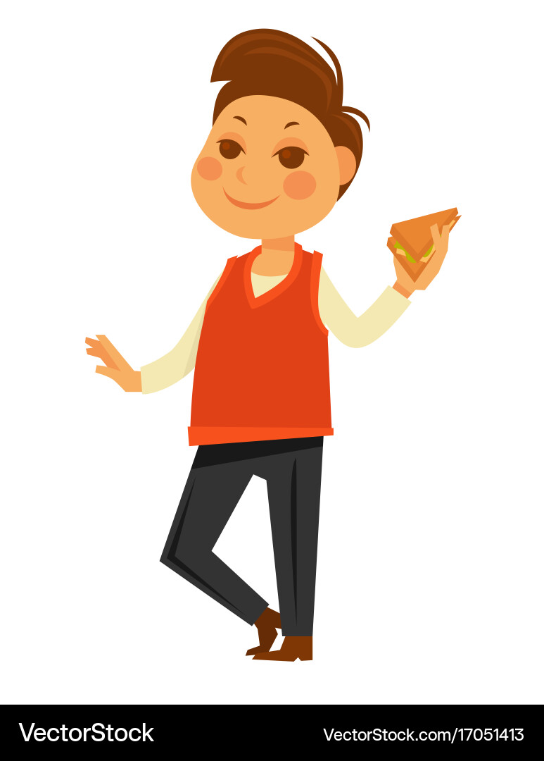 Boy eating school lunch sandwich flat Royalty Free Vector