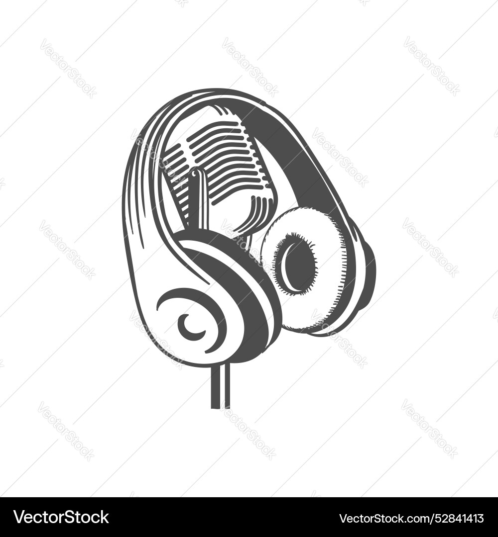Hand drawn mic microphone headphones waveform Vector Image