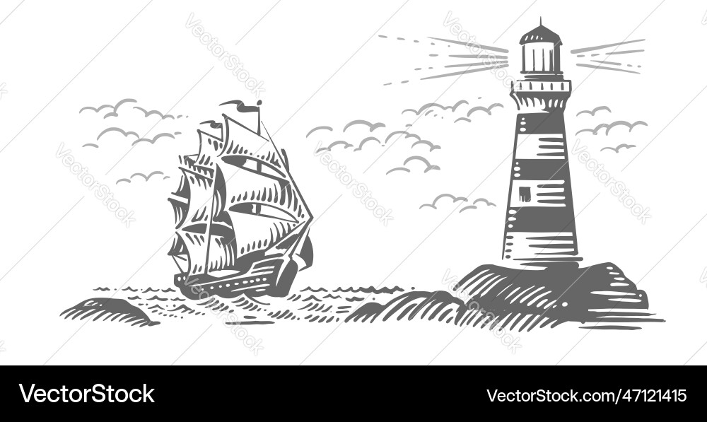 Lighthouse with sea ship hand drawn sketch Vector Image