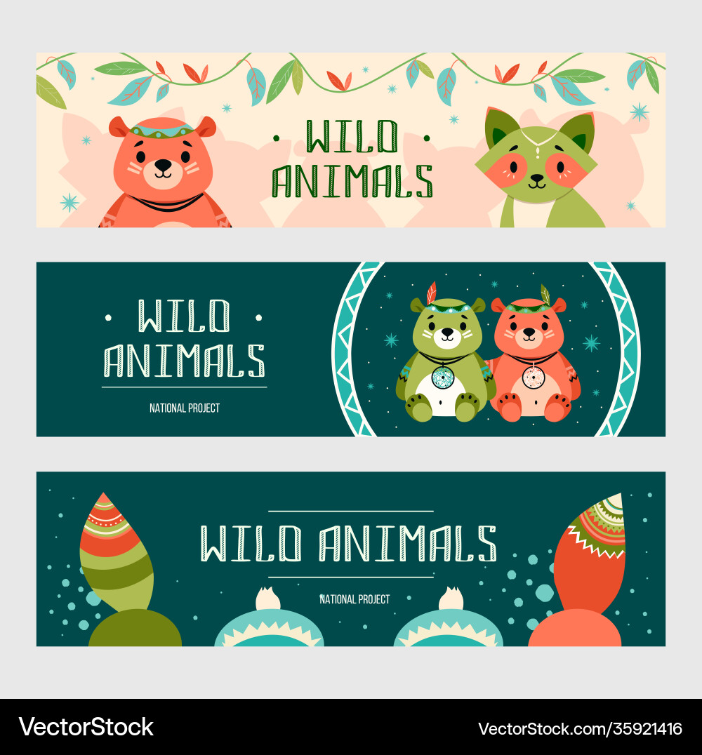 Cartoon boho animals banners set Royalty Free Vector Image
