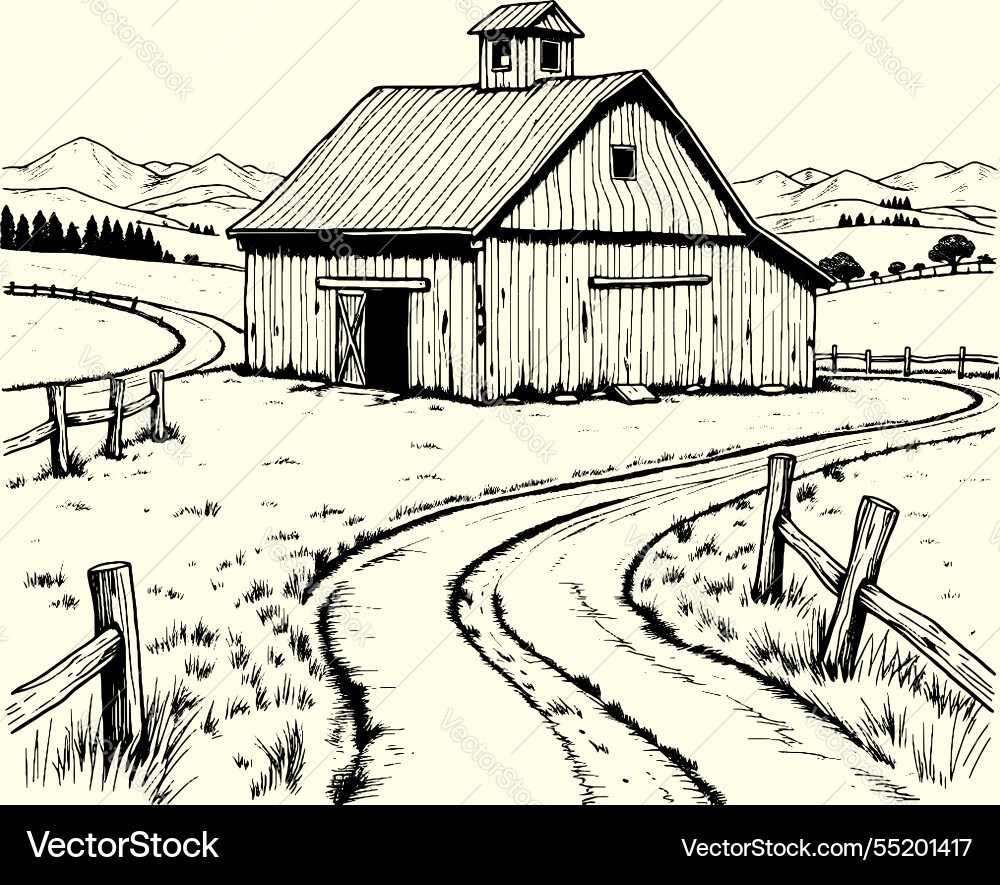 Hand-drawn farmhouse and ranch barns day Vector Image