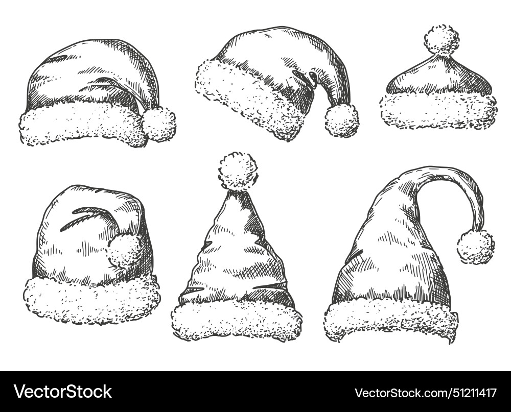 Sketch santa claus hats vintage etching Royalty Free Vector