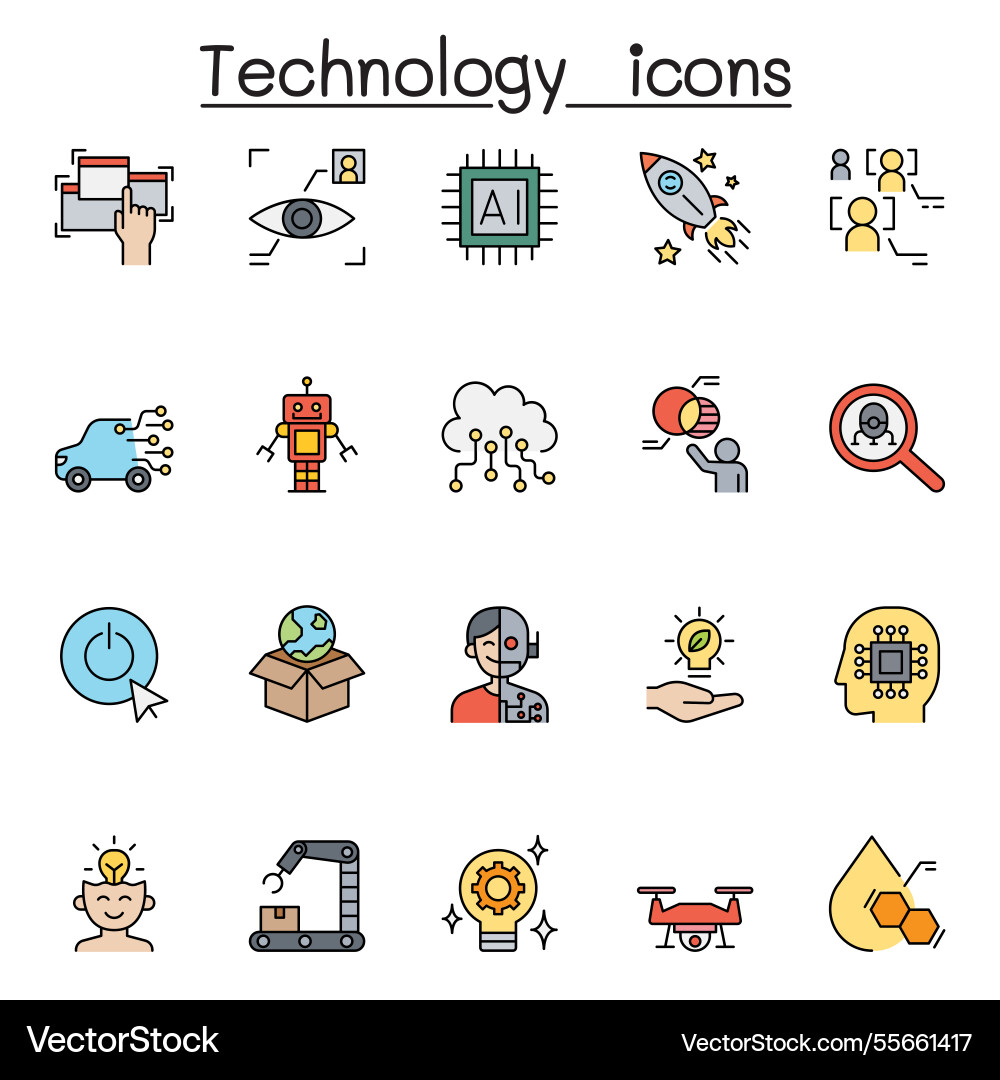 Technology icon set in color line style Royalty Free Vector