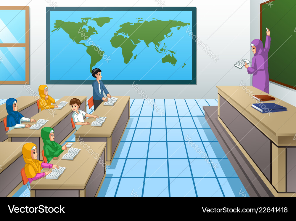 Muslim students and teacher in classroom Vector Image