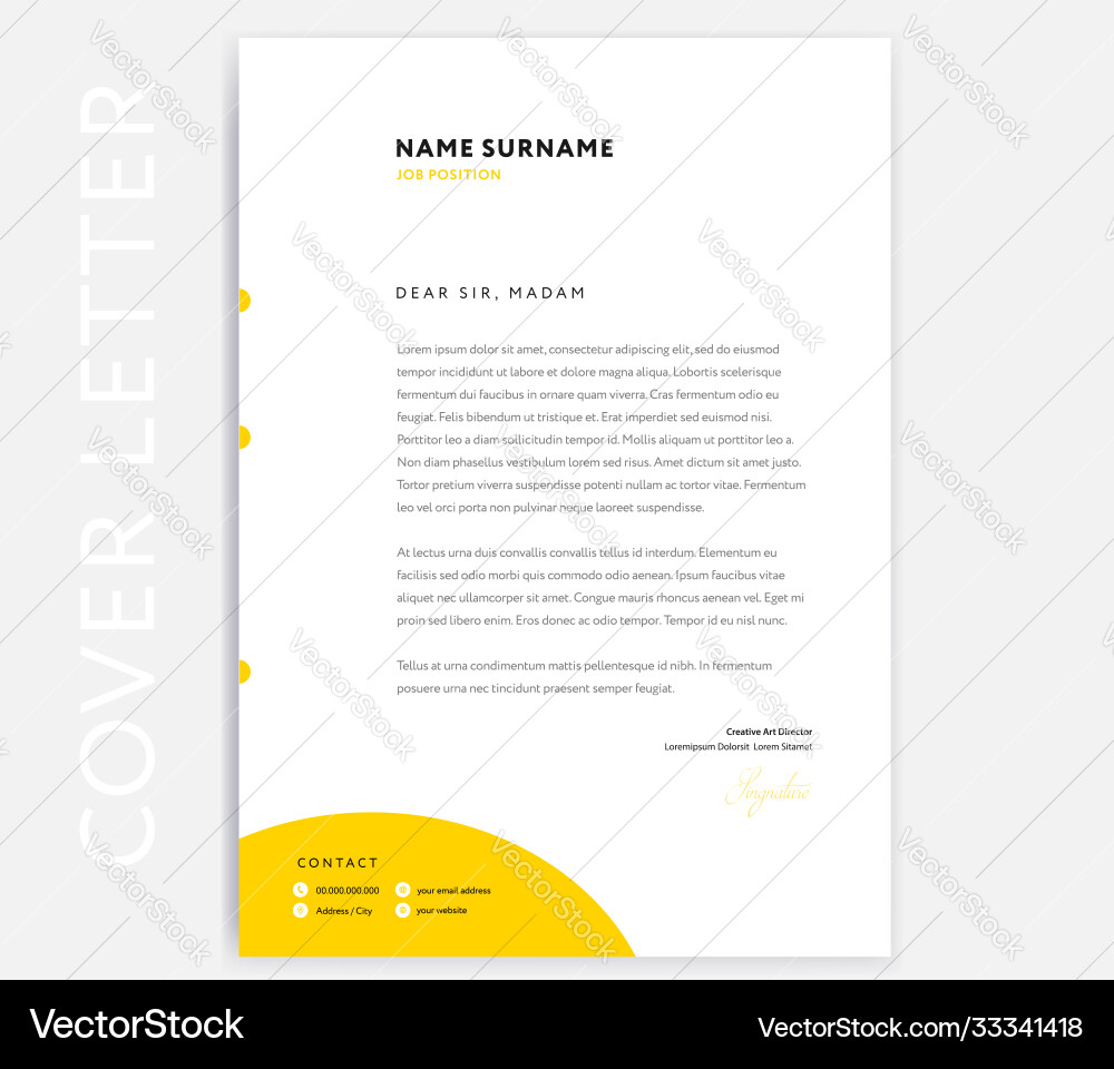 Yellow cv cover letter template design Royalty Free Vector