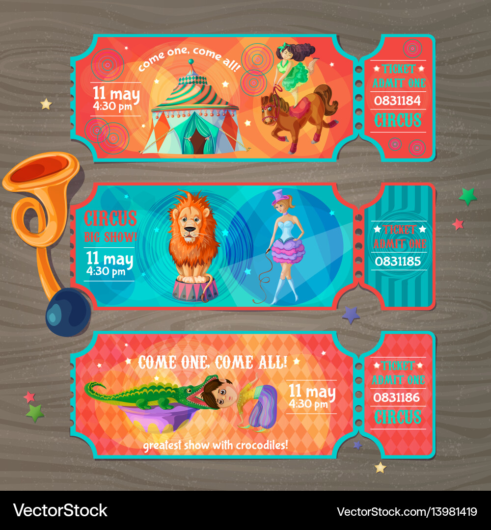 Cartoon circus show invitation tickets set Vector Image