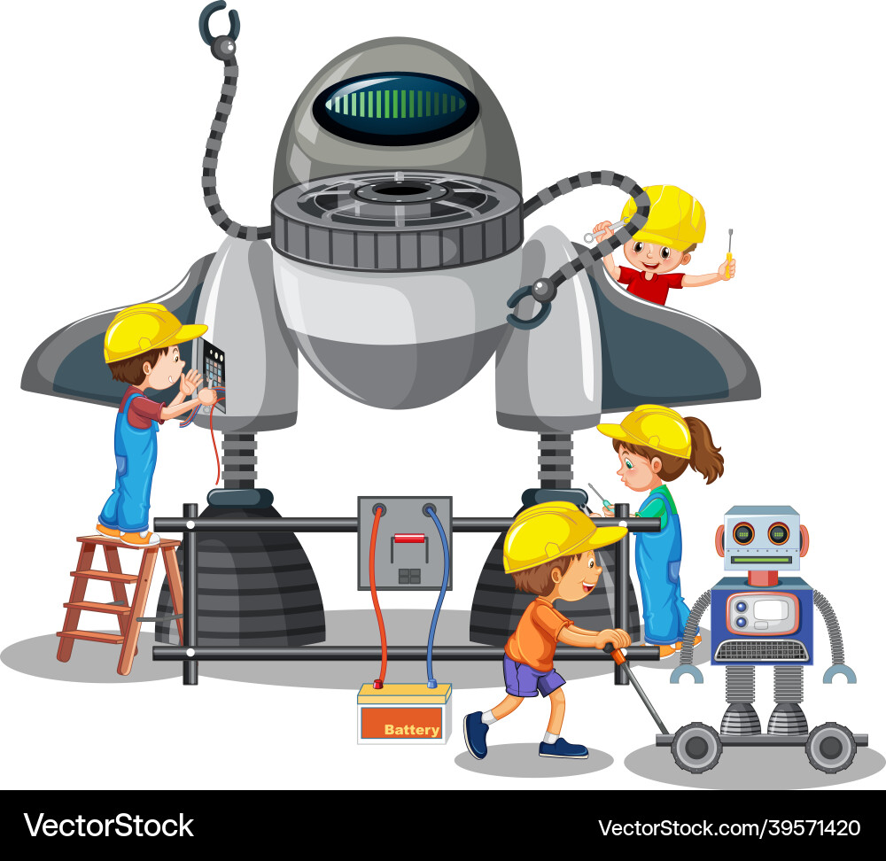 Children building robot together on white Vector Image
