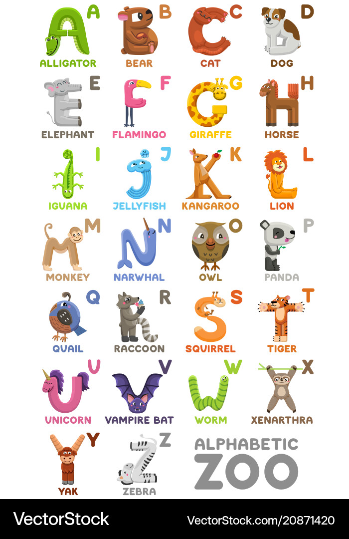 Zoo Animals Alphabet Letter Chart Royalty Free Vector Image
