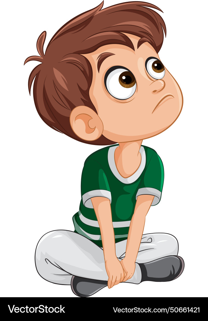 Cartoon boy sitting looking up thoughtfully Vector Image