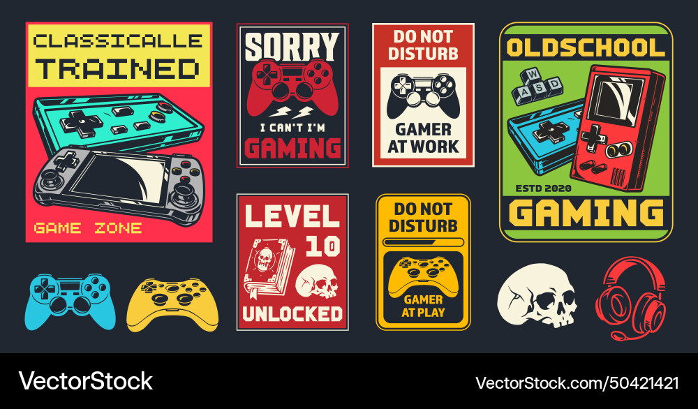Gaming equipment colorful set stickers Royalty Free Vector