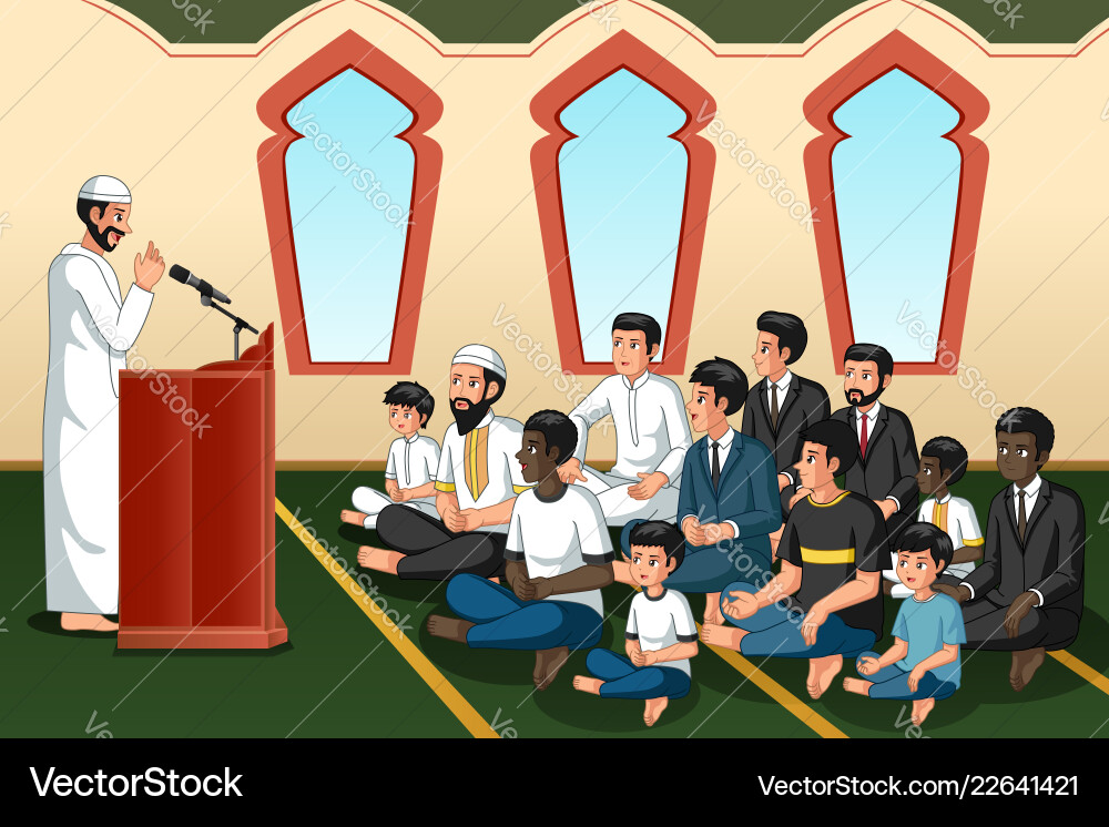 Muslim imam giving speech in mosque Royalty Free Vector