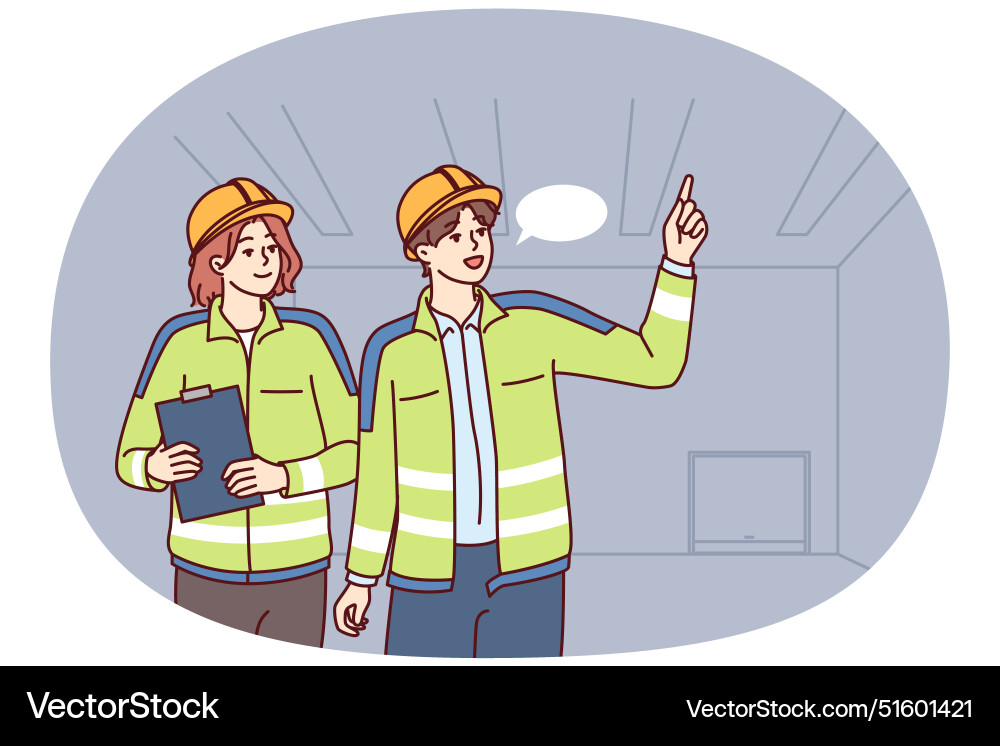 Two industrial room engineers discussing Vector Image