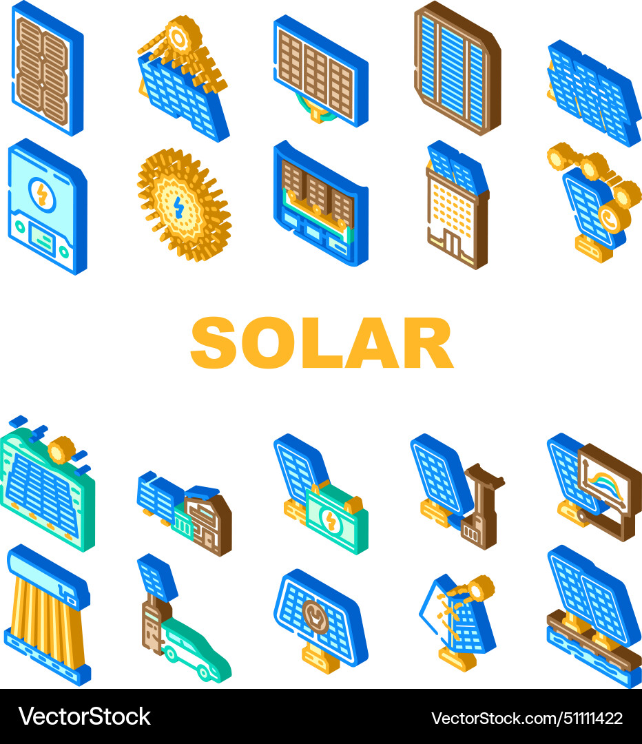 Solar panels energy power sun icons set Royalty Free Vector