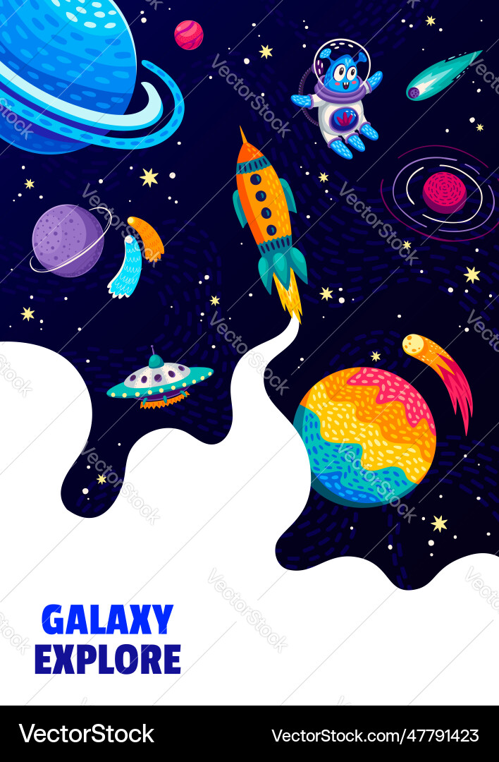Space poster alien ufo spaceship and planets Vector Image