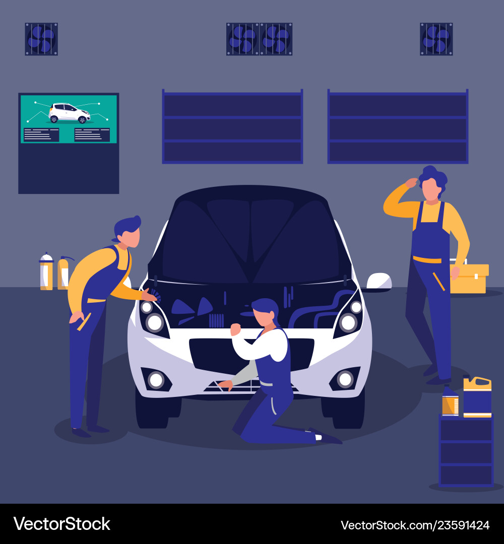 Car in maintenance workshop with mechanics team Vector Image