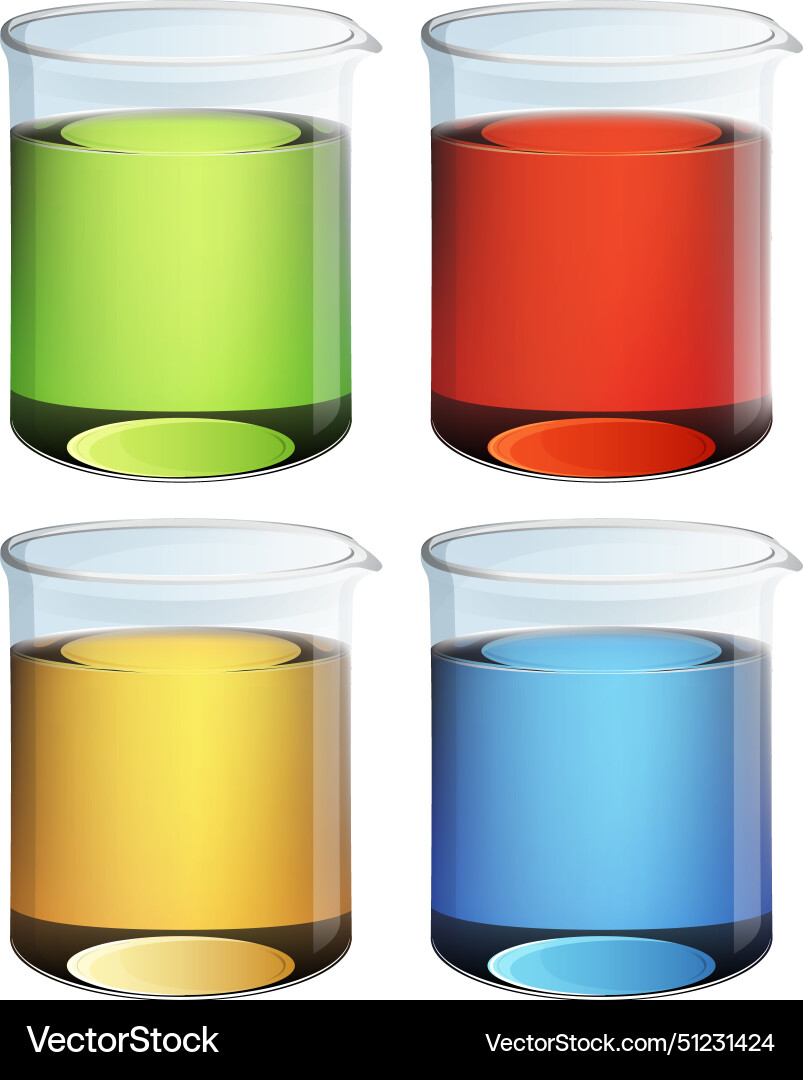 Four beakers filled with different colored liquids