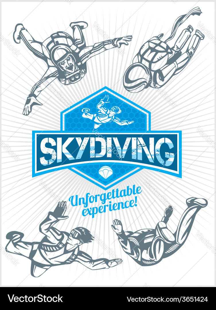 Skydiving set - emblem and skydivers Royalty Free Vector