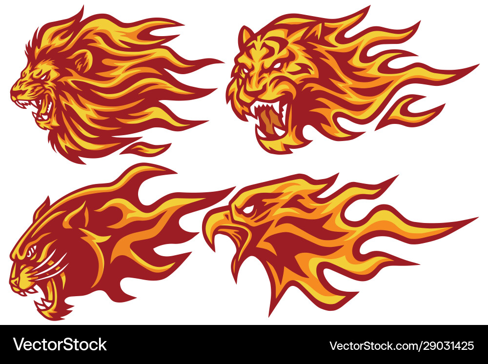 Wild animals flaming flame heads set Royalty Free Vector