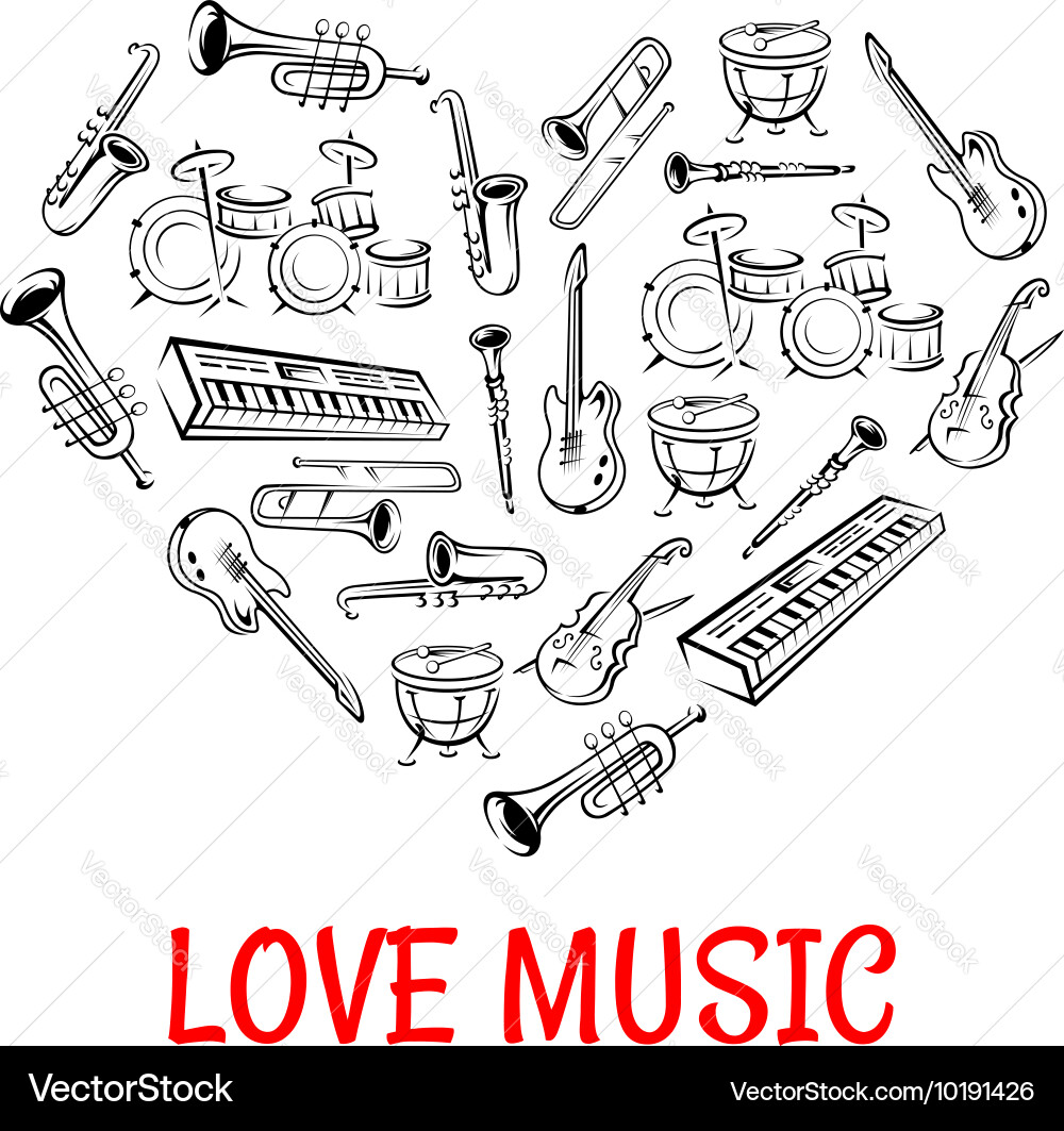 Classic musical instruments icons shaped as heart Vector Image