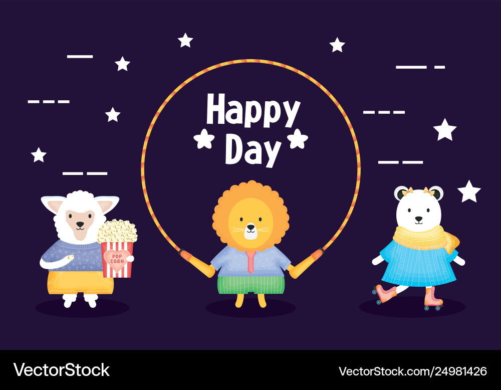 Lion jumping rope and sheep with pop corn Vector Image