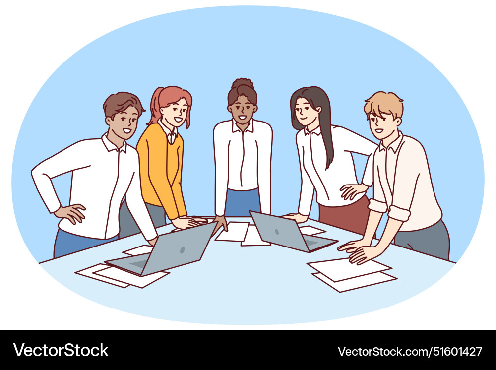 Team diverse business people stand at table Vector Image