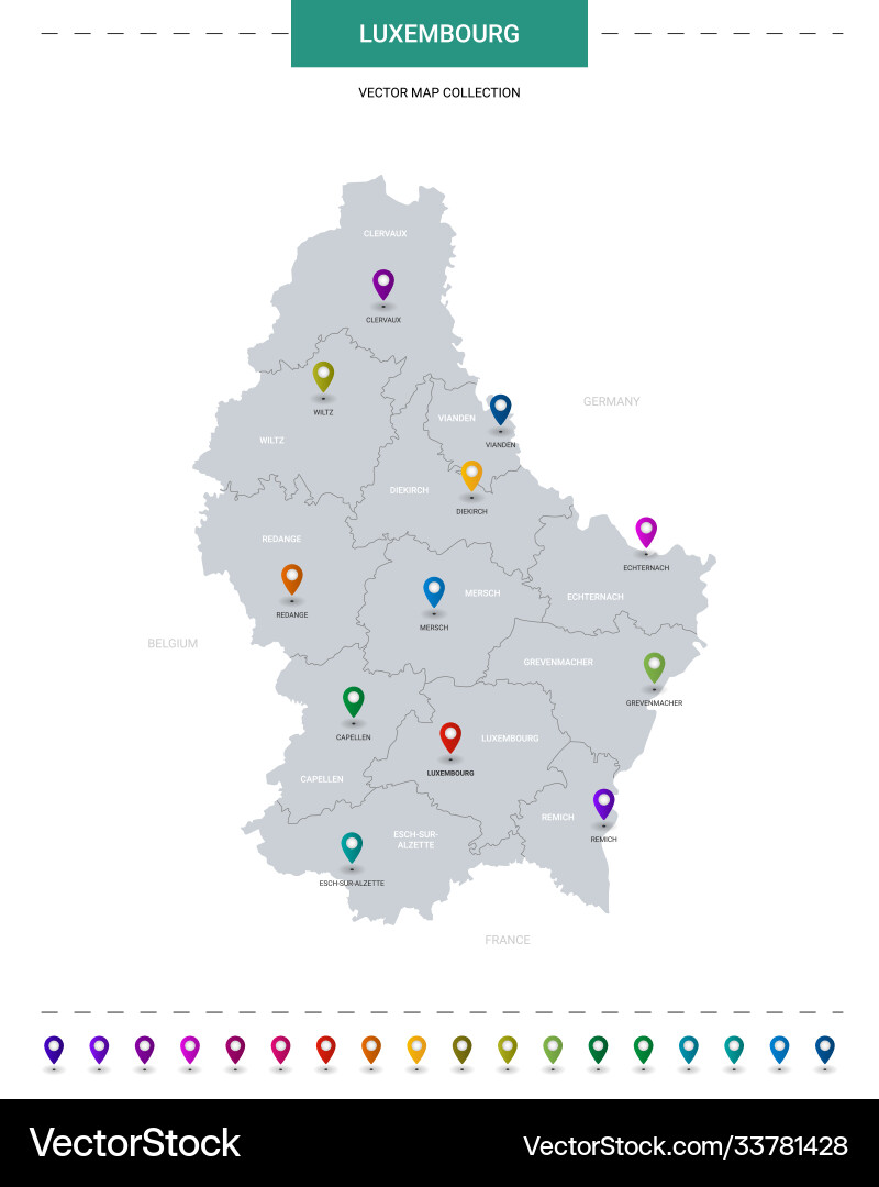 Luxembourg map with location pointer marks Vector Image